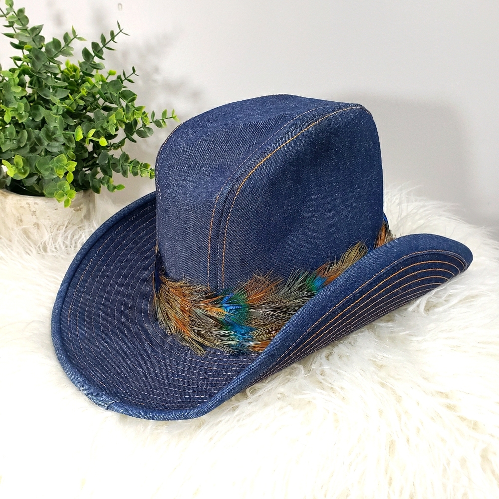 Vintage Levi's Feather Denim Western Cowboy Hat - Gem
